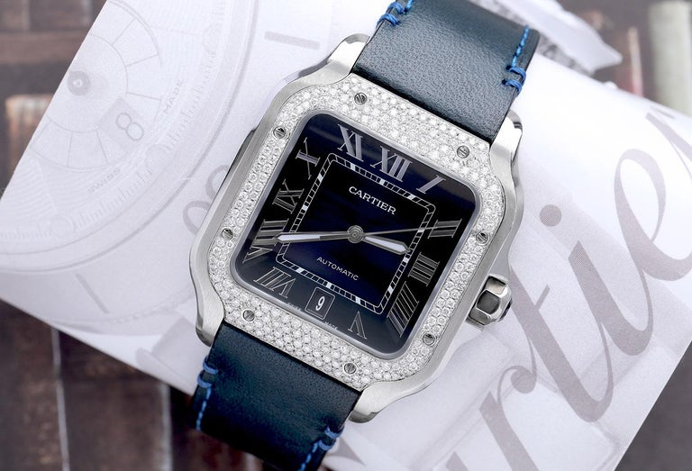 Cartier Santos De Cartier Stainless Steel Watch with Diamond Bezel Blue ...