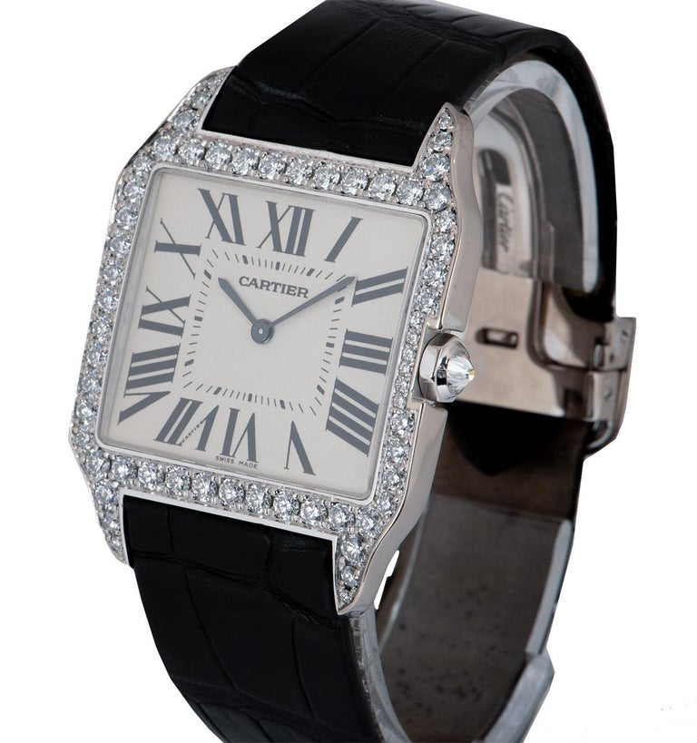 Cartier Santos Dumont Gents 18 Karat Gold Silvered Dial Diamond Set ...
