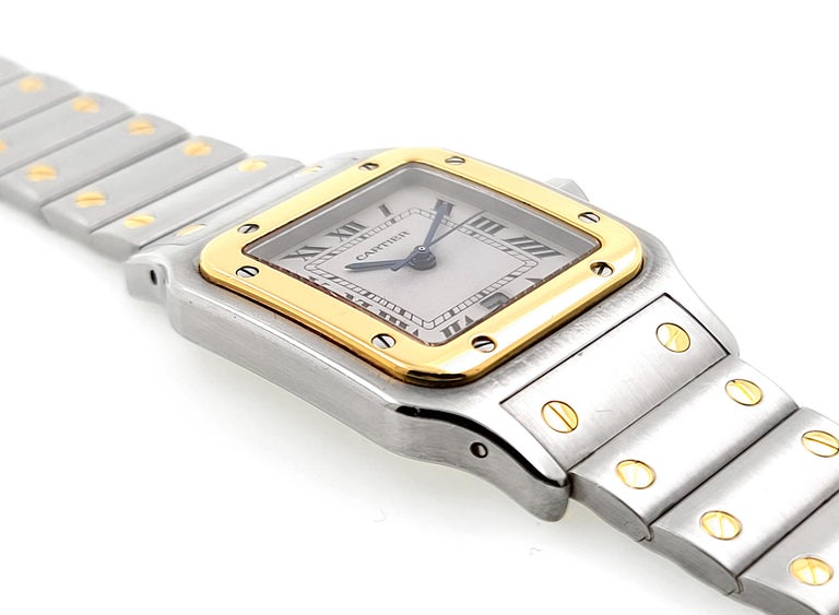 Cartier Santos Galbee Date 1566 Large LM GM 18k Gold Stainless Steel Carree For Sale at 1stDibs