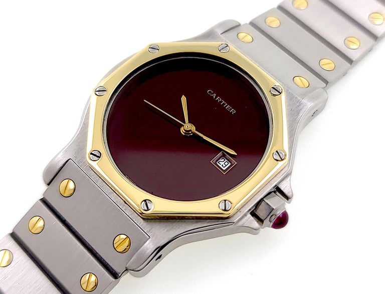 Cartier Santos Round Octagon Burgundy Date 2966 Large Red 18k Gold and ...