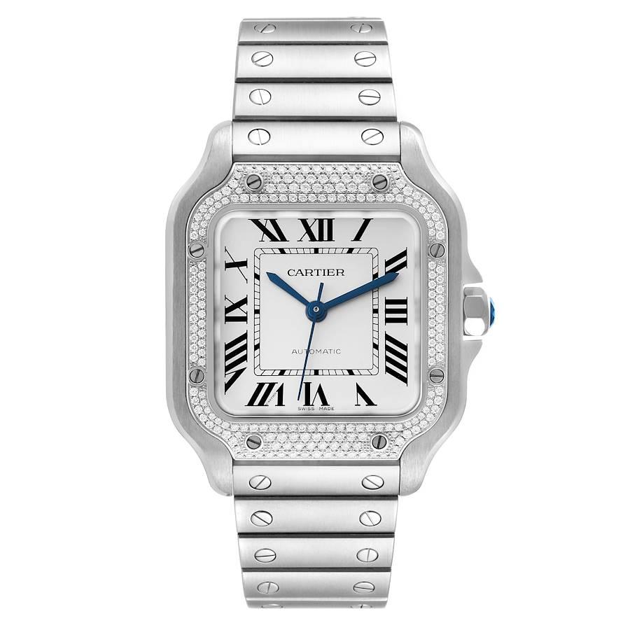 Cartier Santos Silver Dial Medium Steel Diamond Mens Watch W4SA0005 For ...