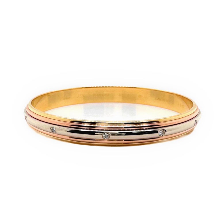 CARTIER Saturne Multi-Tone 18kt Yellow White Rose Gold Diamond Bangle Bracelet For Sale at 1stDibs