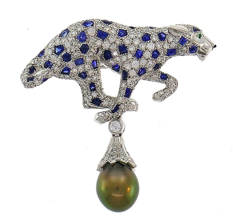 Cartier Tahitian Grey Pearl, Sapphire and Diamond Panthere Pendant/Clip ...