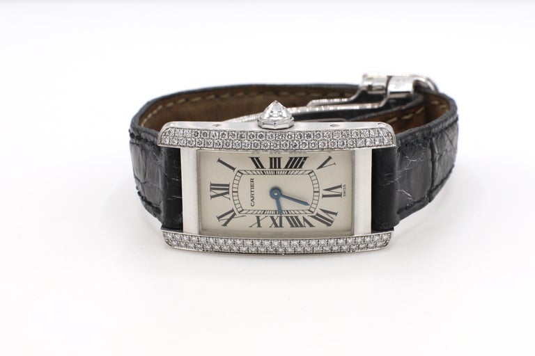 Cartier Tank Americaine 1713 18 Karat White Gold Diamond Leather Strap ...