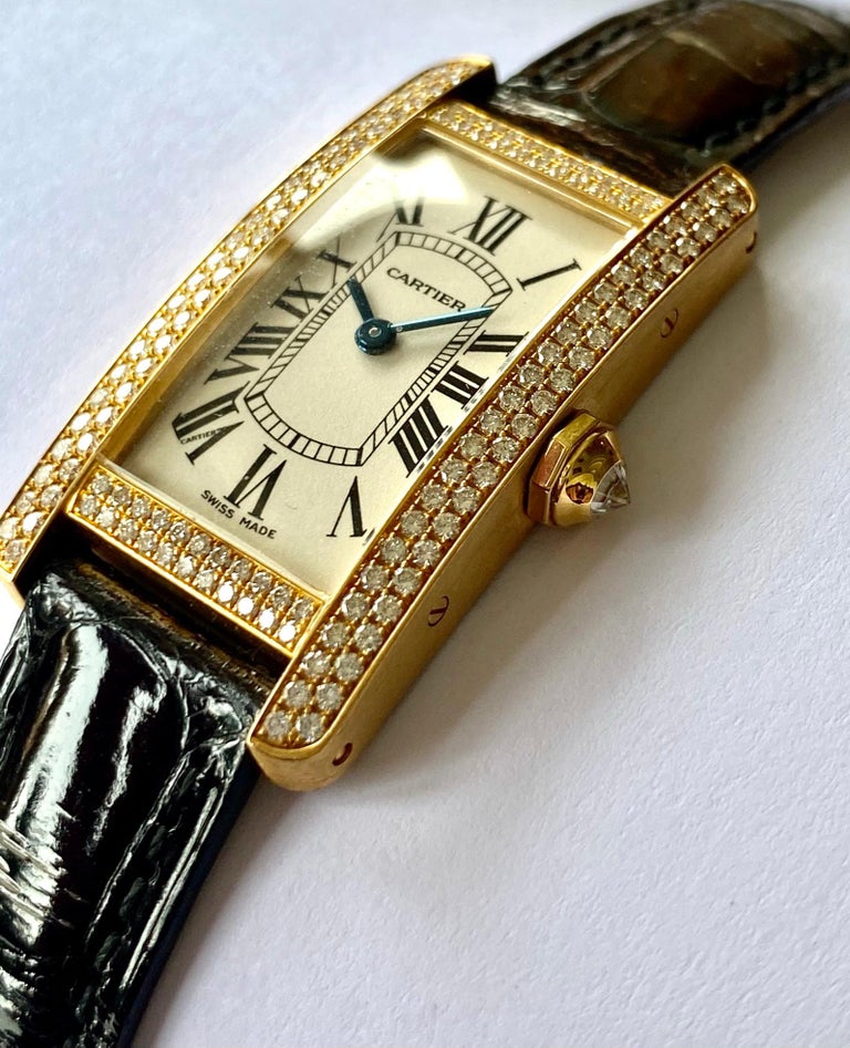 Cartier, Tank American Diamonds, Yellow Gold, Leather Strap, WB705631 ...