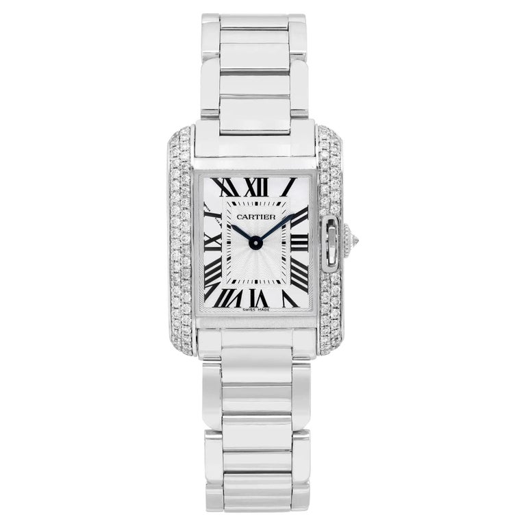 Cartier Tank Anglaise 18k White Gold Diamond Silver Dial Quartz Watch ...