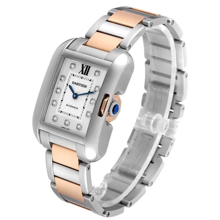 Cartier Tank Anglaise Medium Steel Rose Gold Diamond Watch WT100025 Box ...