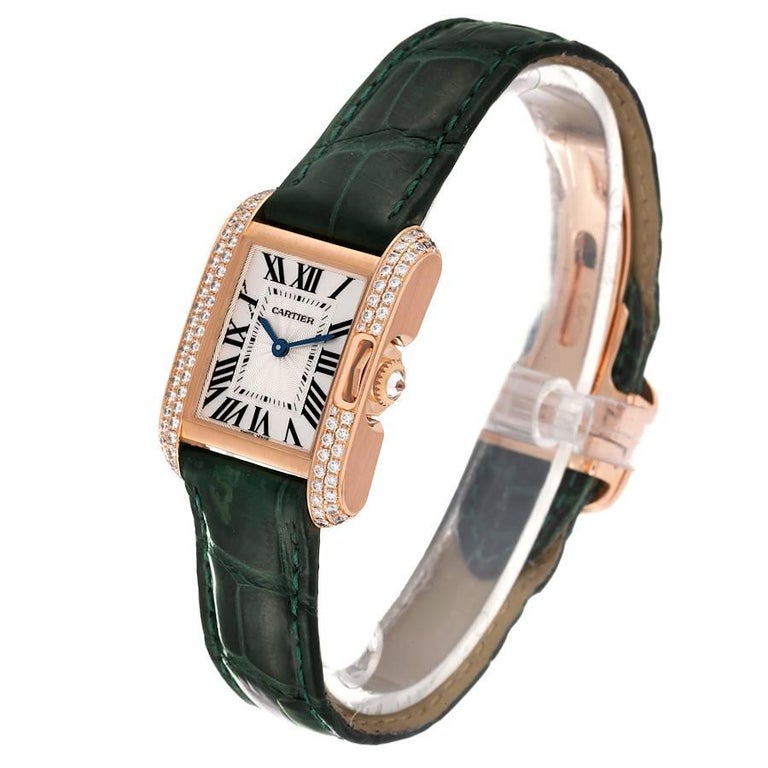 Cartier Tank Anglaise Rose Gold Diamond Green Strap Ladies Watch ...