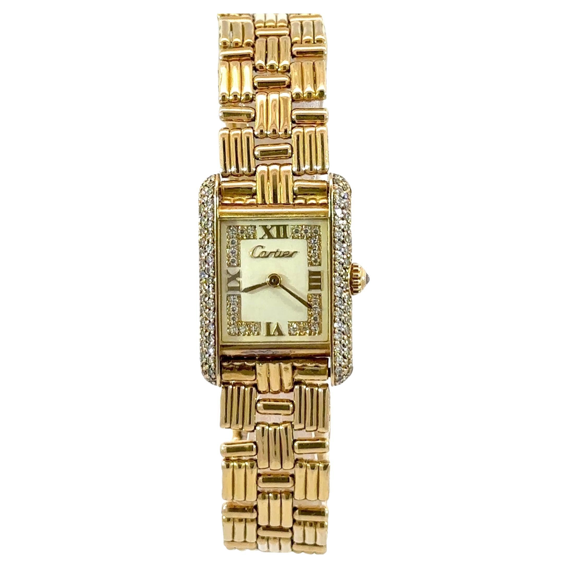 Cartier Tank Fluted Link 18K Yellow Gold Three Rows Diamond Bezel Watch ...