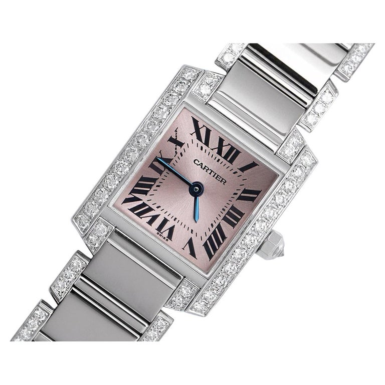 Cartier Tank Francaise Ladies 18k White Gold Watch with Factory Diamonds For Sale at 1stDibs