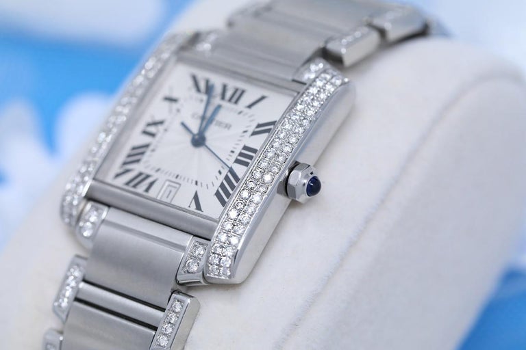 Cartier Tank Francaise Large Model Custom Diamonds on Sides Steel Watch ...
