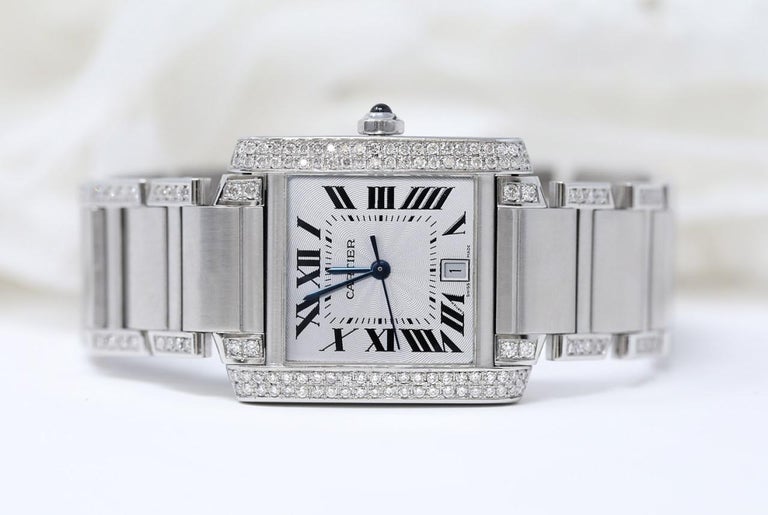 Cartier Tank Francaise Large Model Custom Diamonds on Sides Steel Watch ...