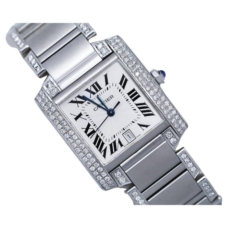 Cartier Tank Francaise Large Model Custom Diamonds on Sides Steel Watch ...