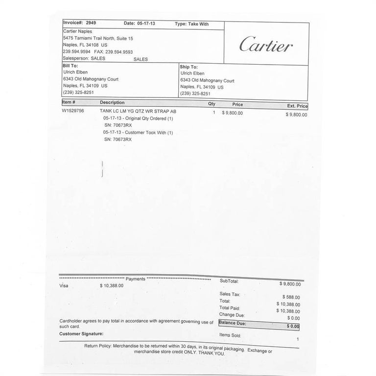 Cartier Tank Louis Yellow Gold Brown Strap Watch W1529756 Box Papers ...