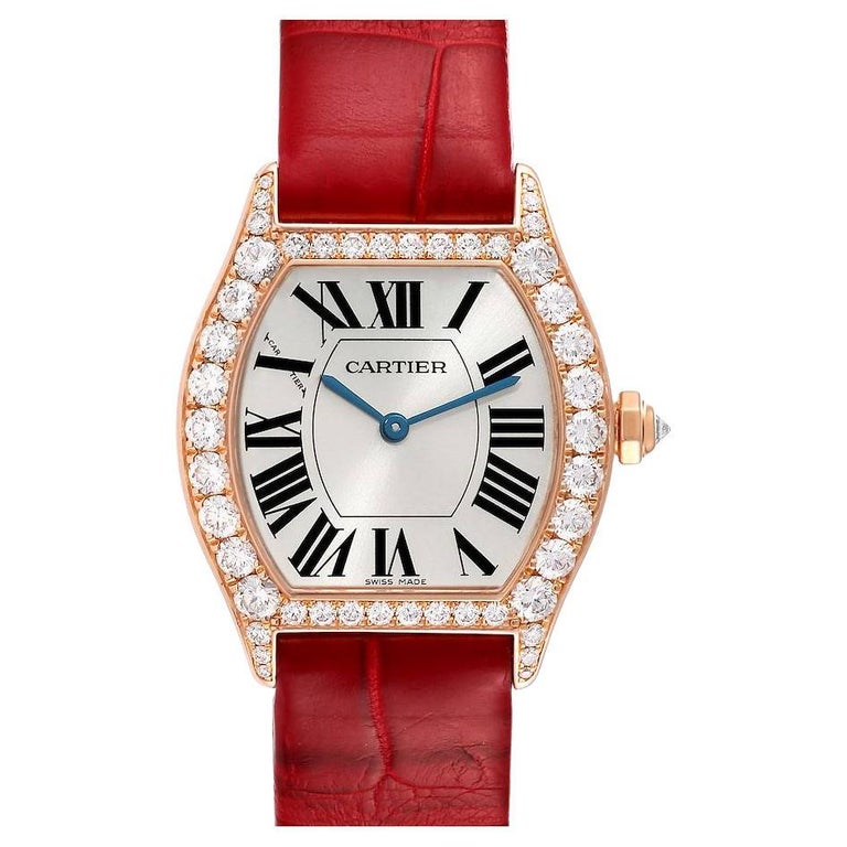 Cartier Tortue 18k Rose Gold Diamond Bezel Red Strap Ladies Watch 2645 ...