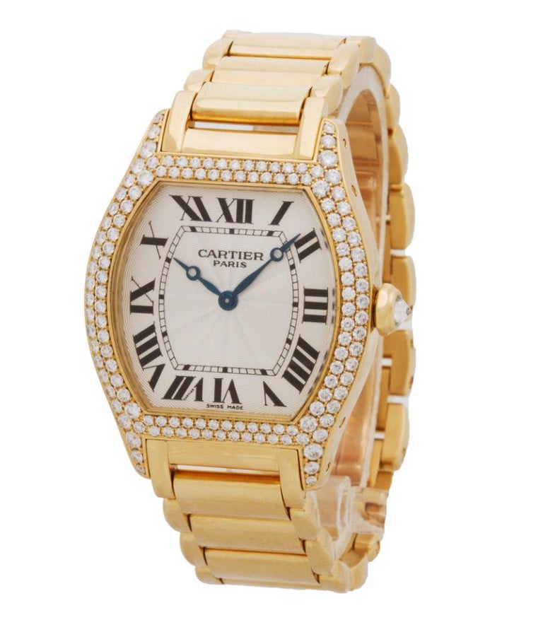 Cartier Tortue 18 Karat Yellow Gold Factory Diamonds Manual Watch 2496C For Sale at 1stDibs