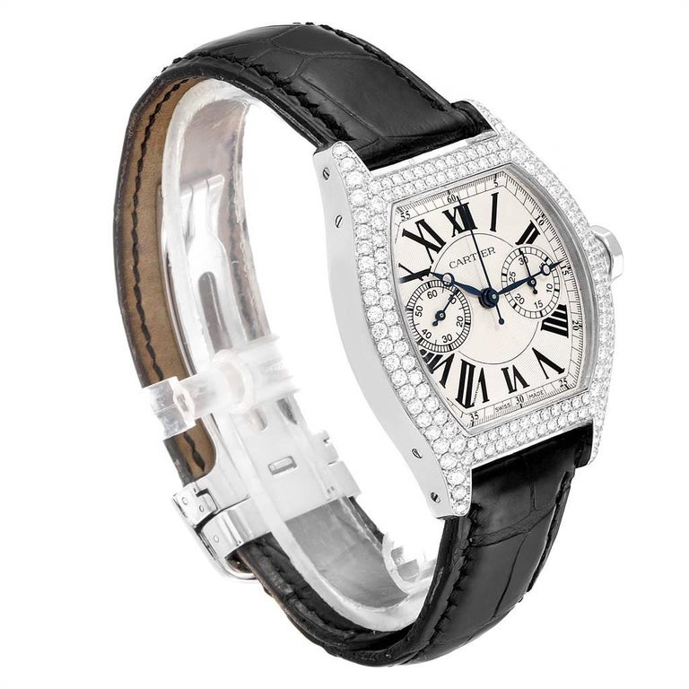 Cartier Tortue Monopusher Chronograph White Gold Diamond Watch 2396G ...