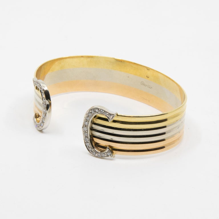 Cartier Tri-Color 18 Karat Gold Trinity Diamond Double C Cuff Bracelet ...