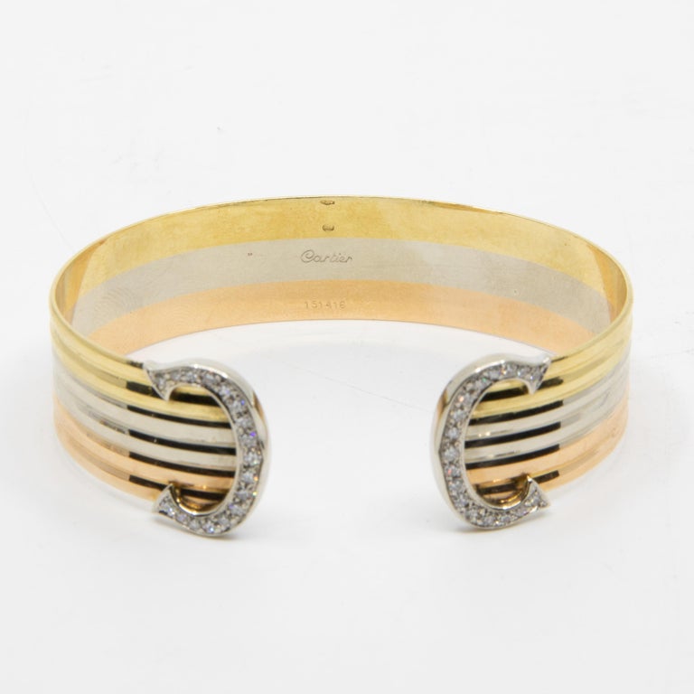 Cartier Tri-Color 18 Karat Gold Trinity Diamond Double C Cuff Bracelet ...