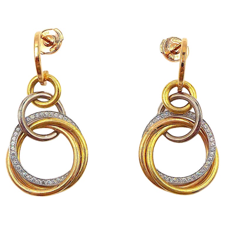 Cartier Trinity 18K Tri-Color Gold Diamond Dangle Hoop Earrings For ...