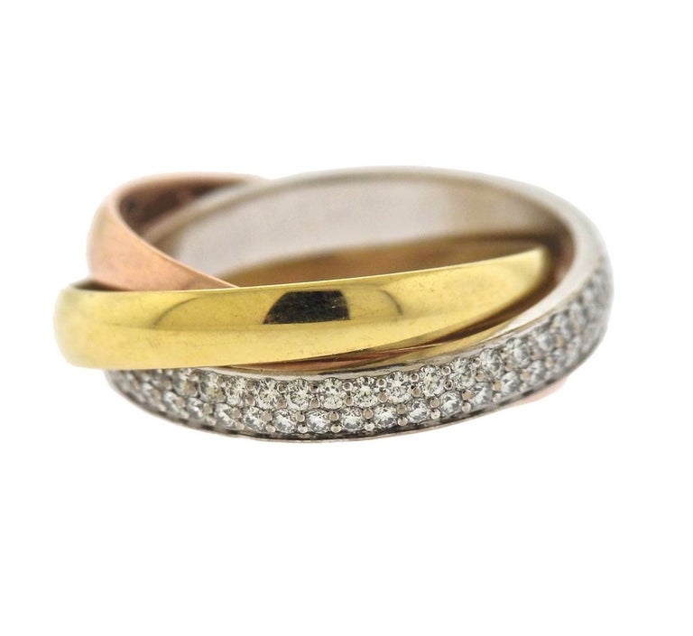Cartier Trinity Diamond Tri Color Gold Rolling Band Ring at 1stDibs