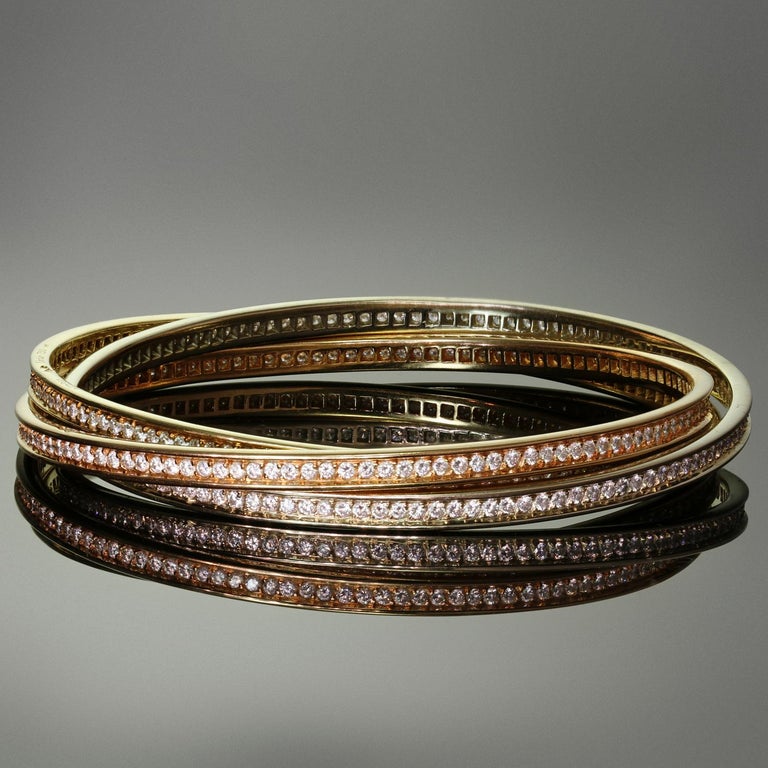 CARTIER Trinity Diamond Tri-Gold Bangle Bracelet For Sale at 1stDibs