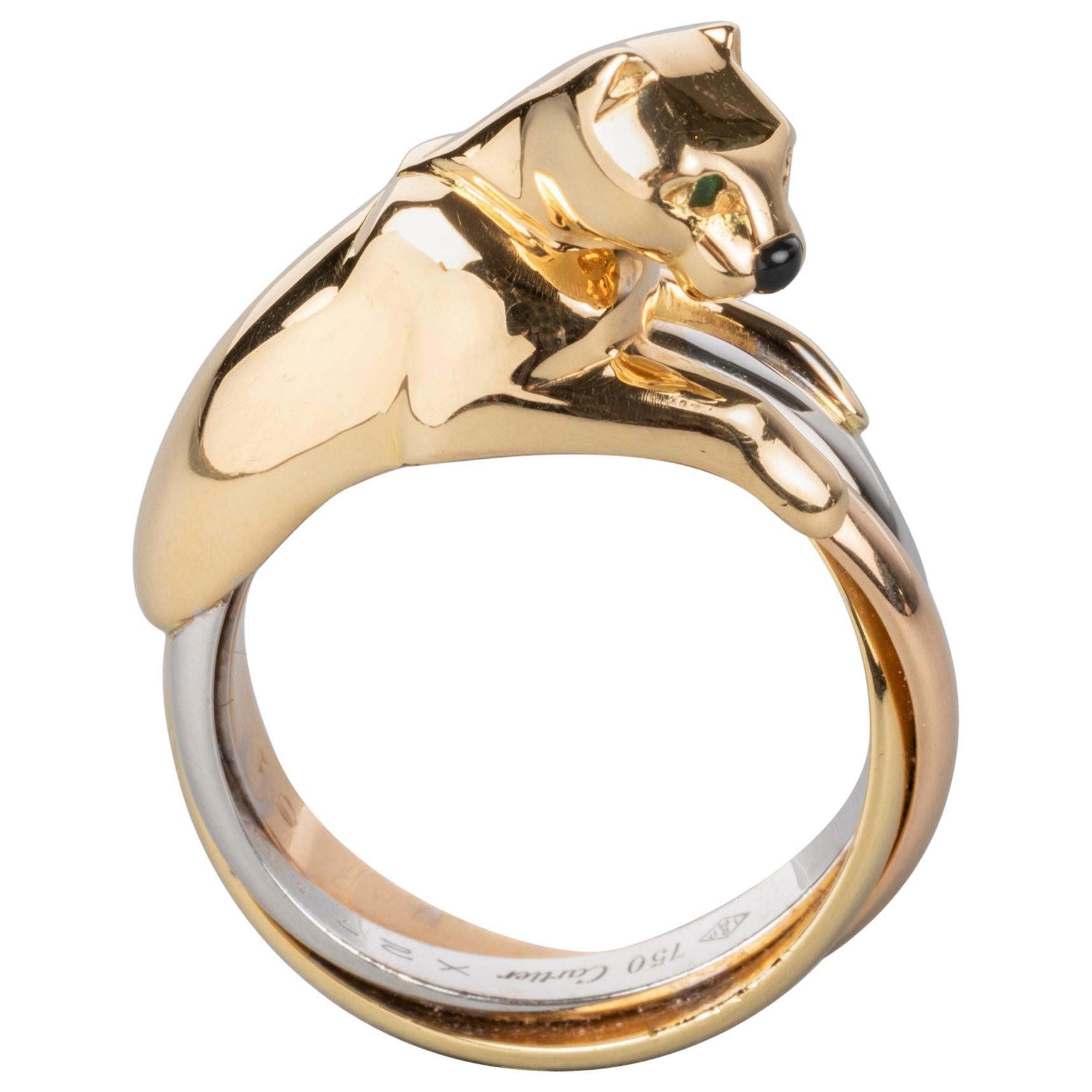 Cartier Panther Diamond Emerald Enamel and Gold Ring at 1stdibs