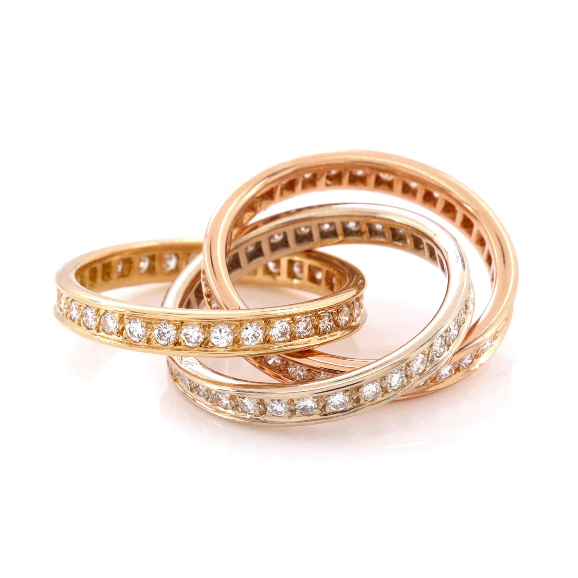Cartier Trinity Ring 18k Tricolor Gold with Diamonds For Sale at 1stDibs