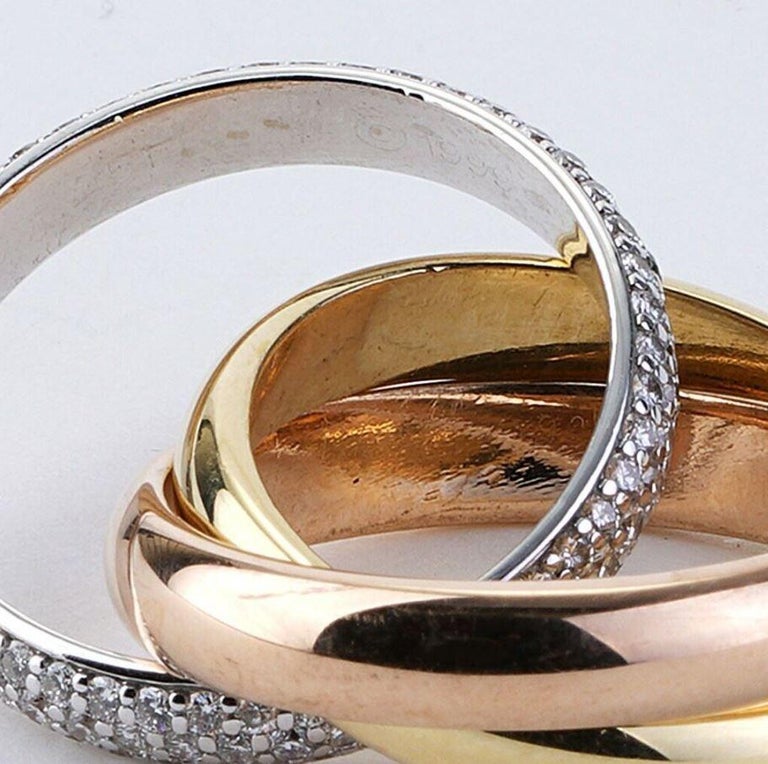 Cartier Trinity Semi Pave Band in 18k Tri Color Gold For Sale at 1stDibs