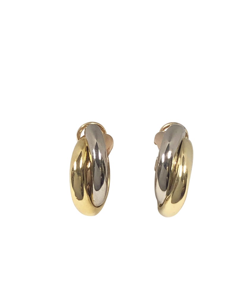 Cartier Trinity Tri Color 3 Row Gold Hoop Earrings For Sale at 1stDibs