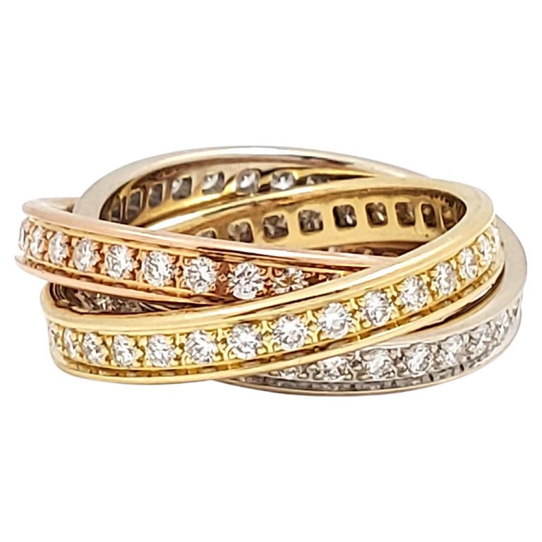 Cartier Trinity Tri-Color Gold and Diamond Rolling Ring For Sale at 1stDibs
