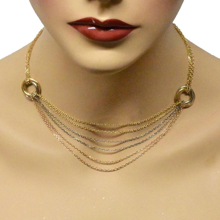 Cartier Trinity Tri Color Gold Multi Strand Waterfall Necklace For Sale ...