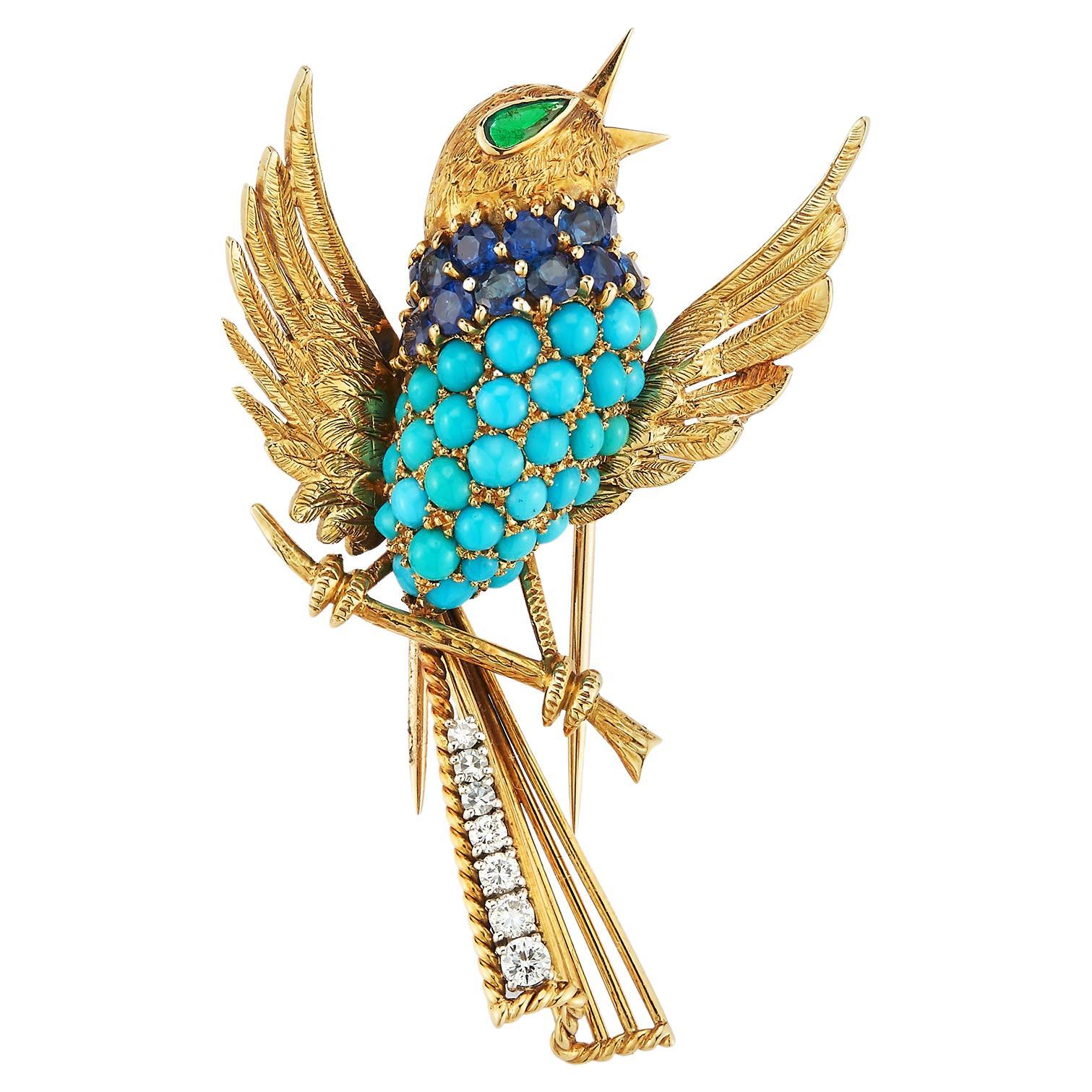 Cartier Turquoise, Diamond, Emerald Bird Brooch For Sale at 1stDibs