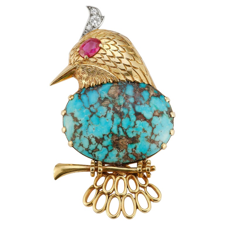 Cartier Turquoise and Diamond Bird Brooch For Sale at 1stDibs