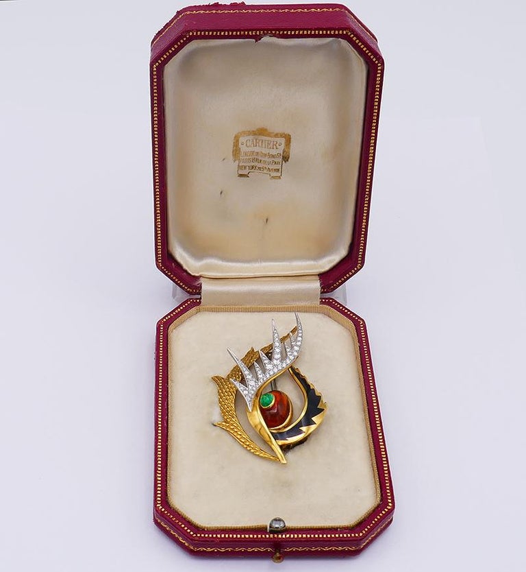 Cartier Vintage Brooch 18k Gold Gems Enamel Pin Clip Estate Jewelry For ...