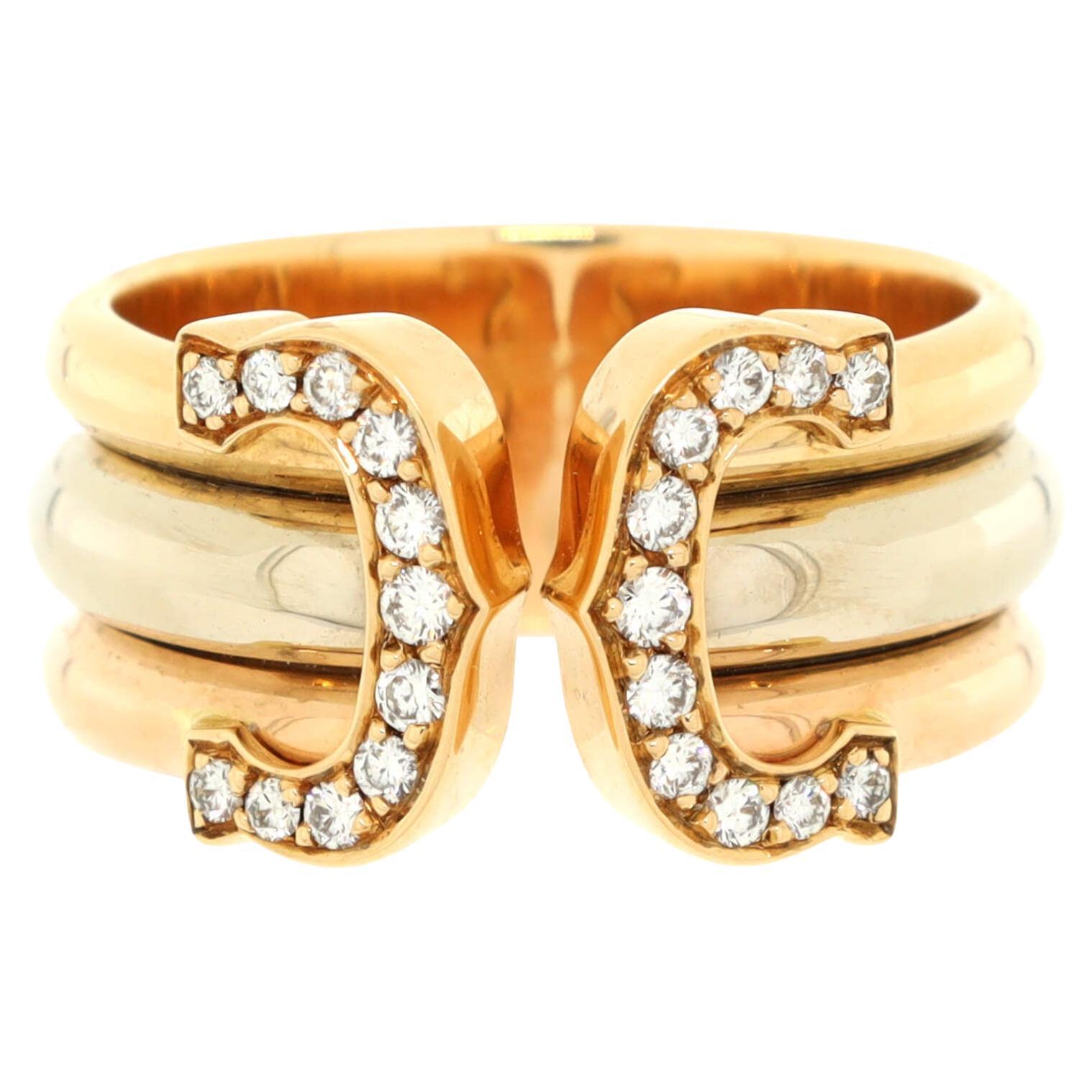 Cartier Vintage C de Cartier Ring 18K Tricolor Gold with Diamonds 9mm ...