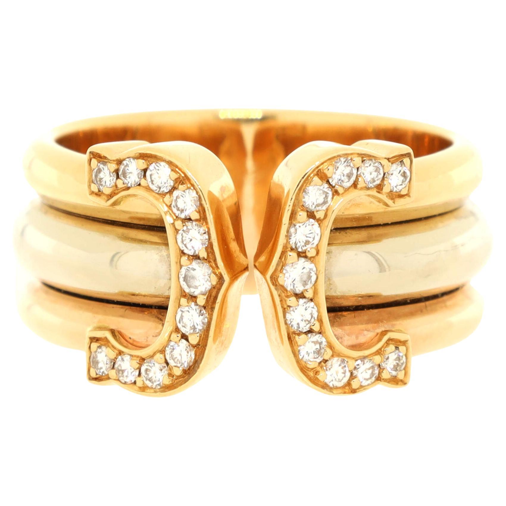 Cartier Vintage C de Cartier Ring 18K Tricolor Gold with Diamonds 9mm ...