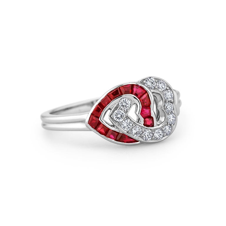Cartier Vintage Diamond Ruby Platinum Double Heart Ring at 1stDibs