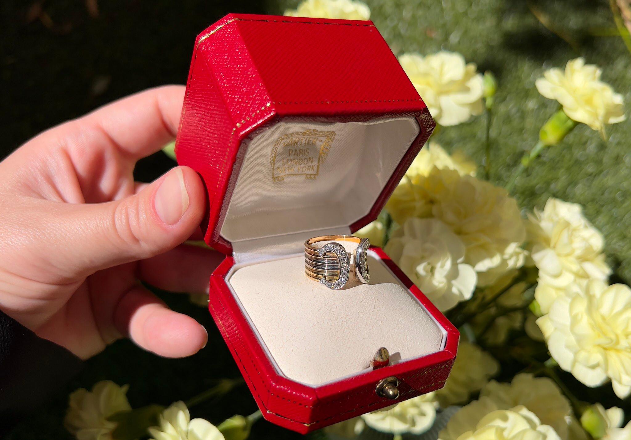 Cartier Vintage Double C Ring Diamonds Original Box For Sale at 1stDibs