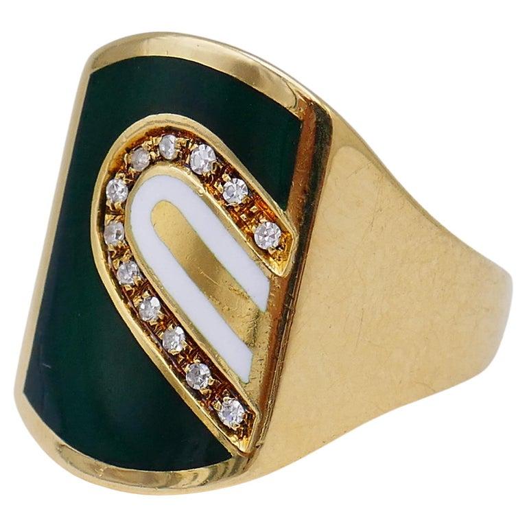 Cartier Vintage Green Enamel Diamond Gold Signet Ring at 1stDibs