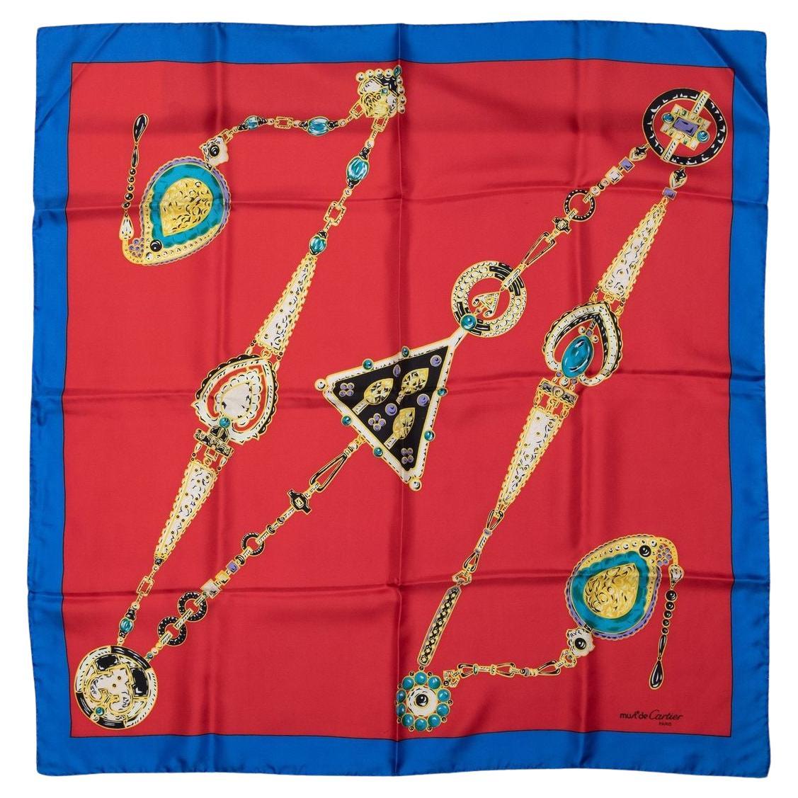 Cartier Vintage Red and Multicolor Chain Print Silk Scarf For Sale at ...