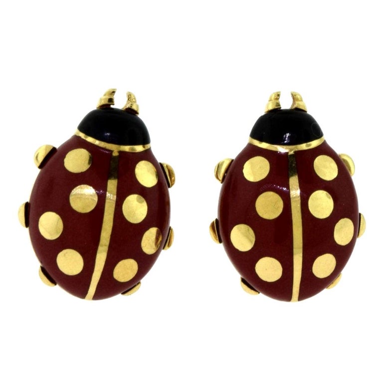 Cartier Yellow Gold and Enamel Ladybug Dual Purpose Brooch or Earring Set, 1990 at 1stDibs