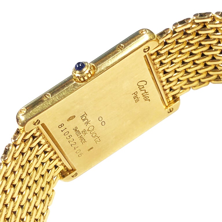 Cartier Yellow Gold Classic Tank Watch on Gold Woven Link Bracelet at ...