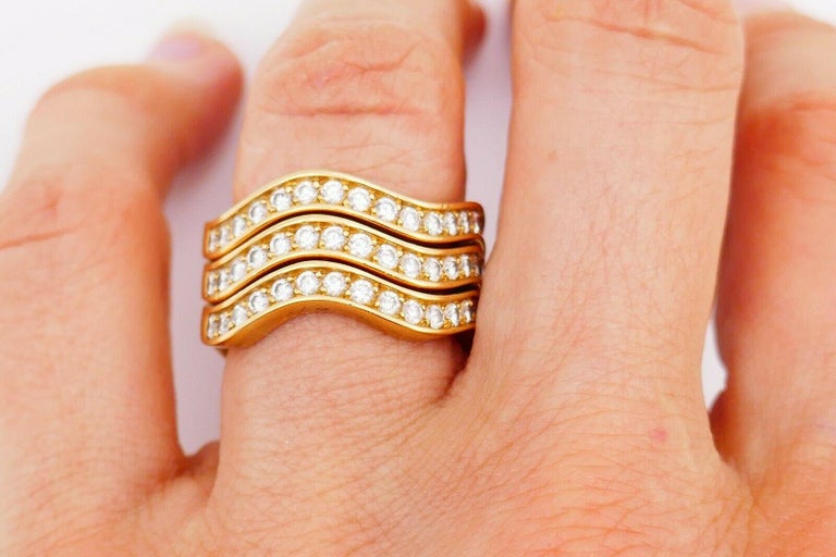 Cartier Yellow Gold Diamond Wave Stack Band Ring at 1stDibs