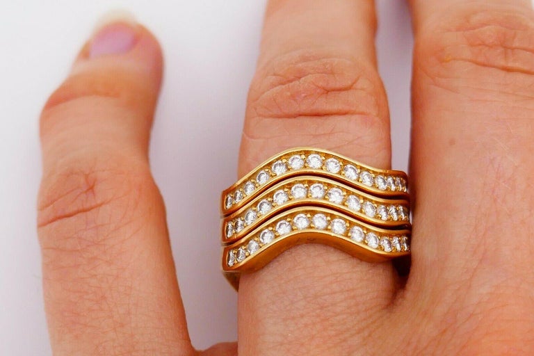 Cartier Yellow Gold Diamond Wave Stack Band Ring at 1stDibs