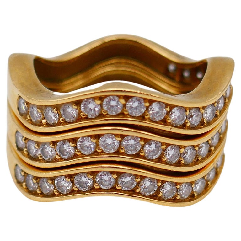 Cartier Yellow Gold Diamond Wave Stack Band Ring at 1stDibs