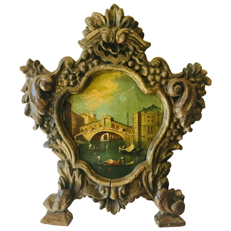 Cartouche or Shield Form Wood Carved and Painted Venetian Scene Grand ...