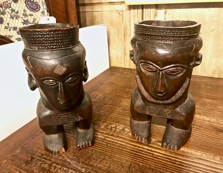 Carved African Figural Urns, Mid-20th Century For Sale at 1stDibs