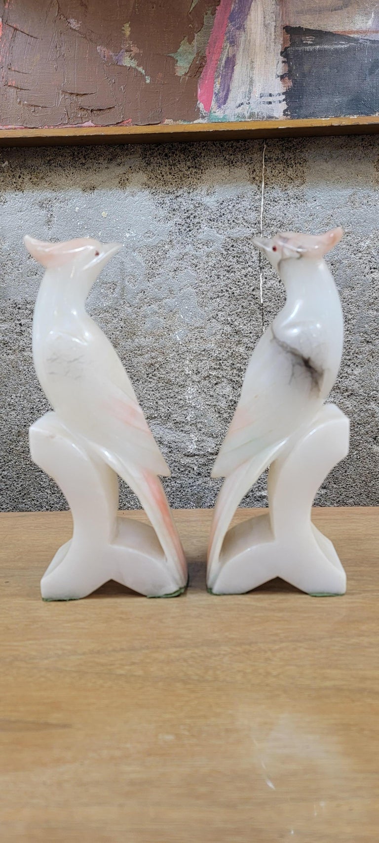 Carved Alabaster Cockatoo Parrot Bookends For Sale at 1stDibs