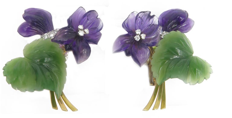 Carved Amethyst Nephrite and Diamond Violet Flower Earring and Brooch ...